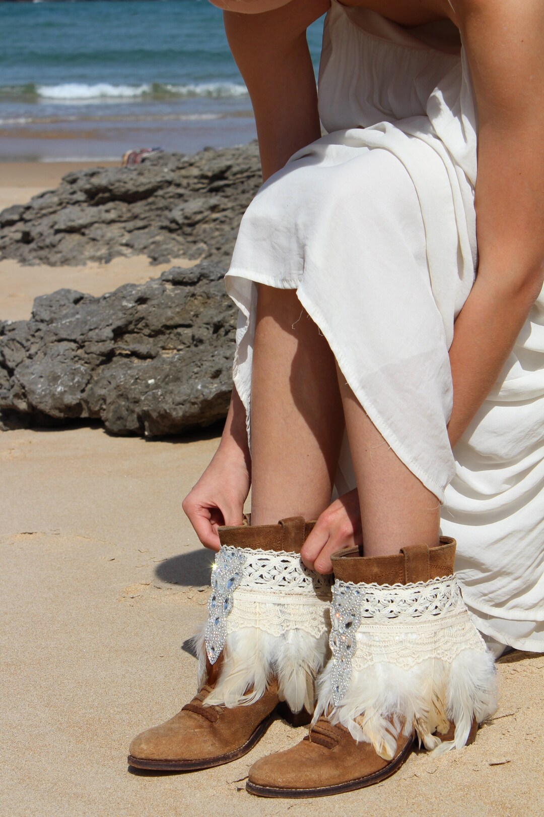 Indie Style Boot Covers With Ivory Feathers, Western Bridal Boot Cuffs ...
