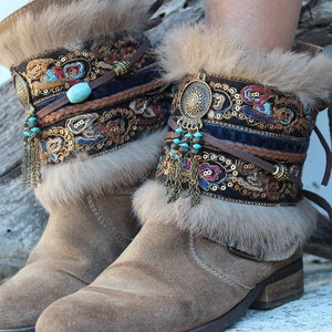BOHO Soul BOOT COVERS – Embroidered Trim, Beige Hair Strip & Turquoise ...