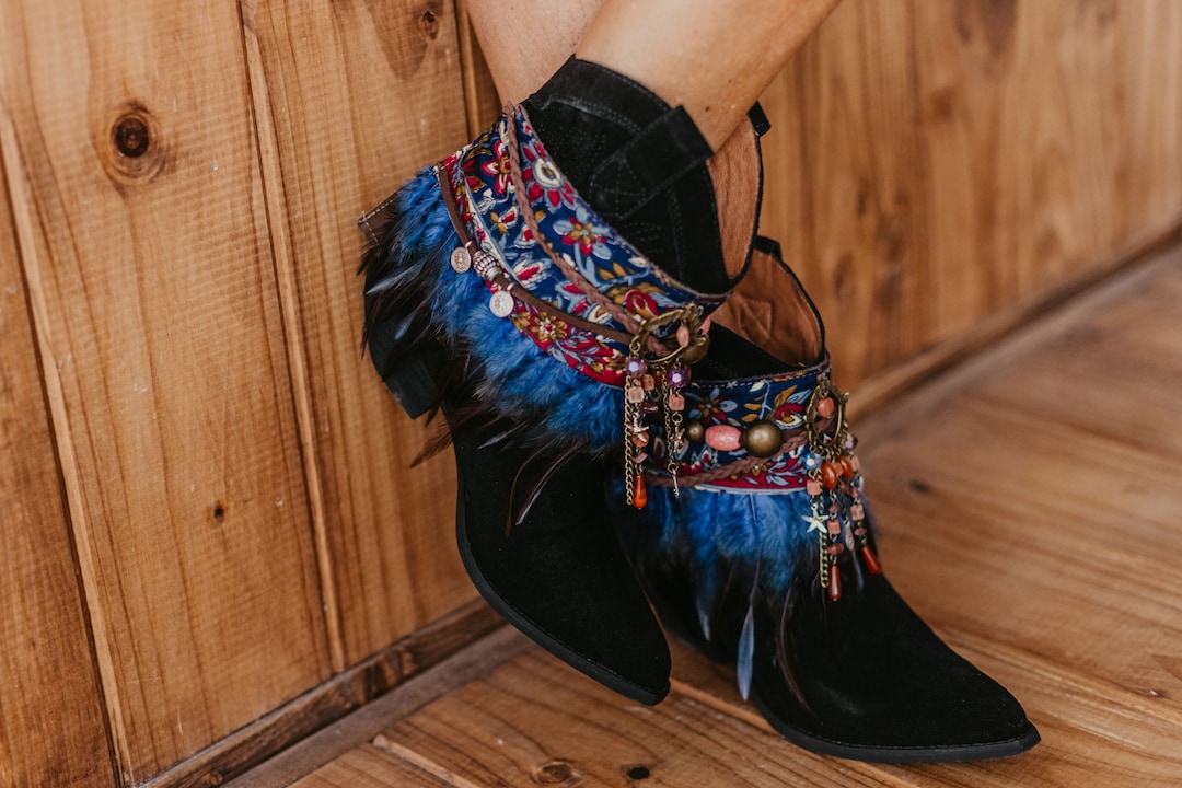 Boho Boot Covers With Intense Blue Feather Fringe and Floral Fabric on ...
