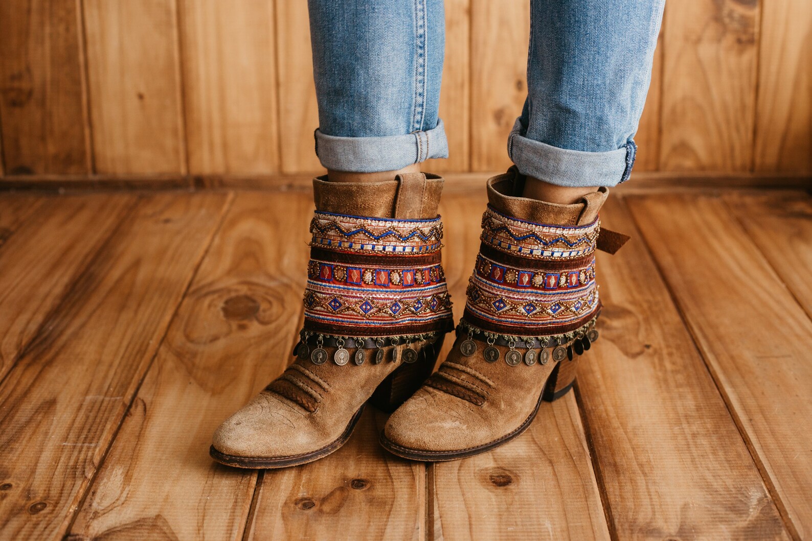 Ethnic Boot Covers With Coin Fringe and Embroidered Trim in Burgundy ...