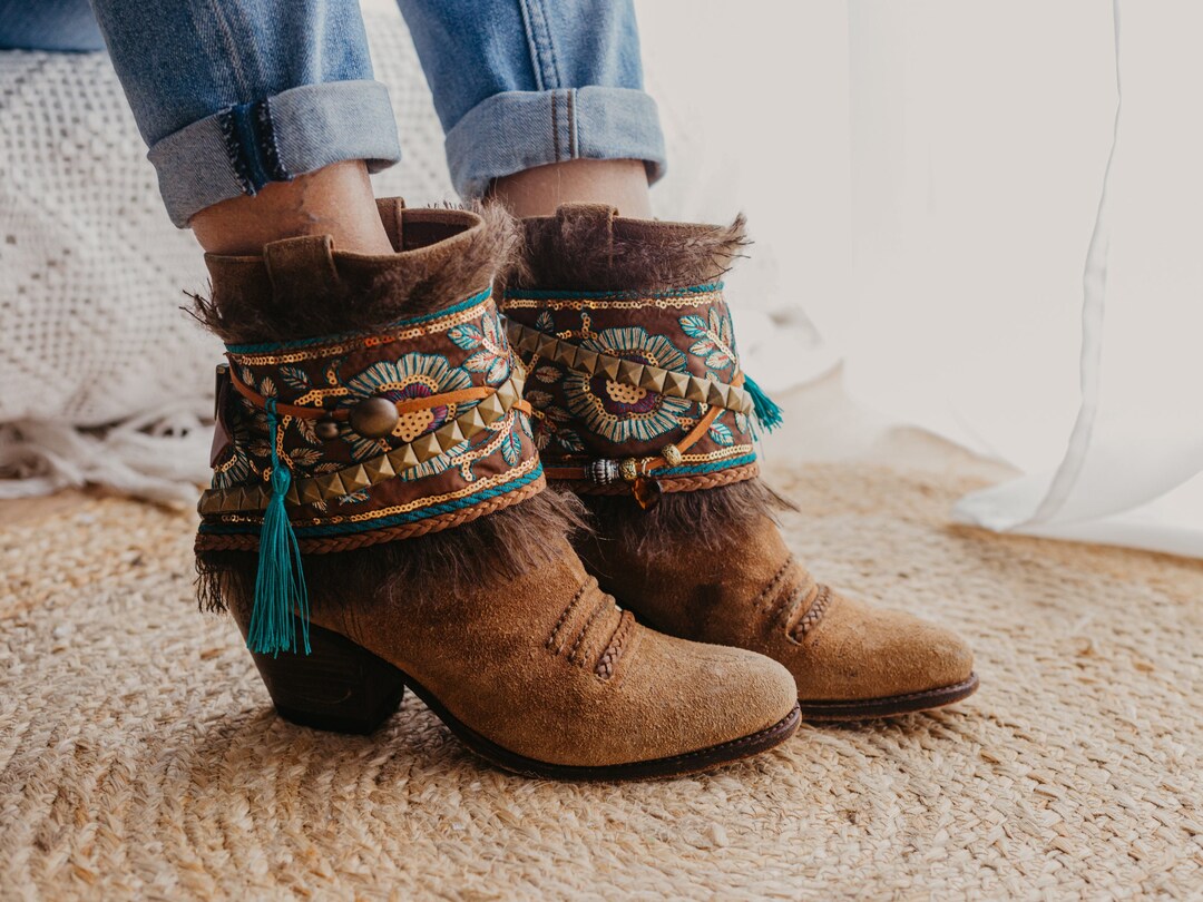 Boho Fringe Boot Cuffs Cowgirl Western Style | Hand-embroidered Floral ...