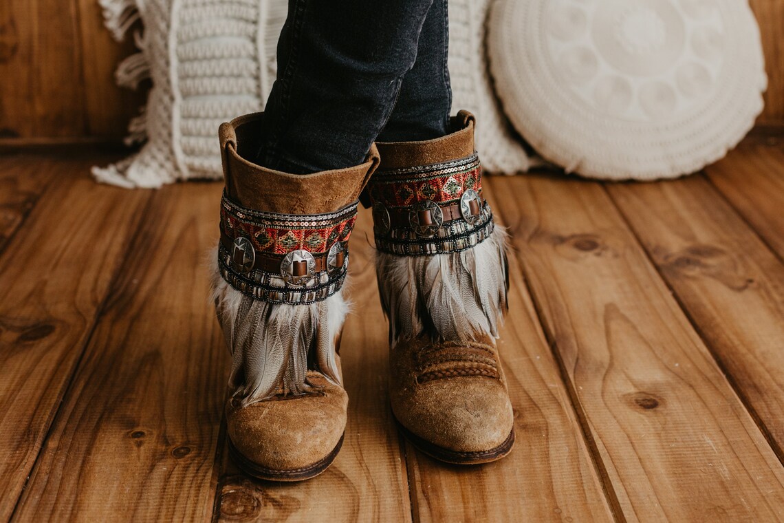 Boho Boot Covers With Feather Trim and Sequin Embroidery | Western Boot ...