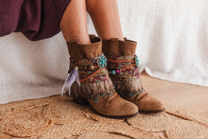Boho Boots – Boho Boot Covers Brown Suede With Khaki Feathers & Vintage ...