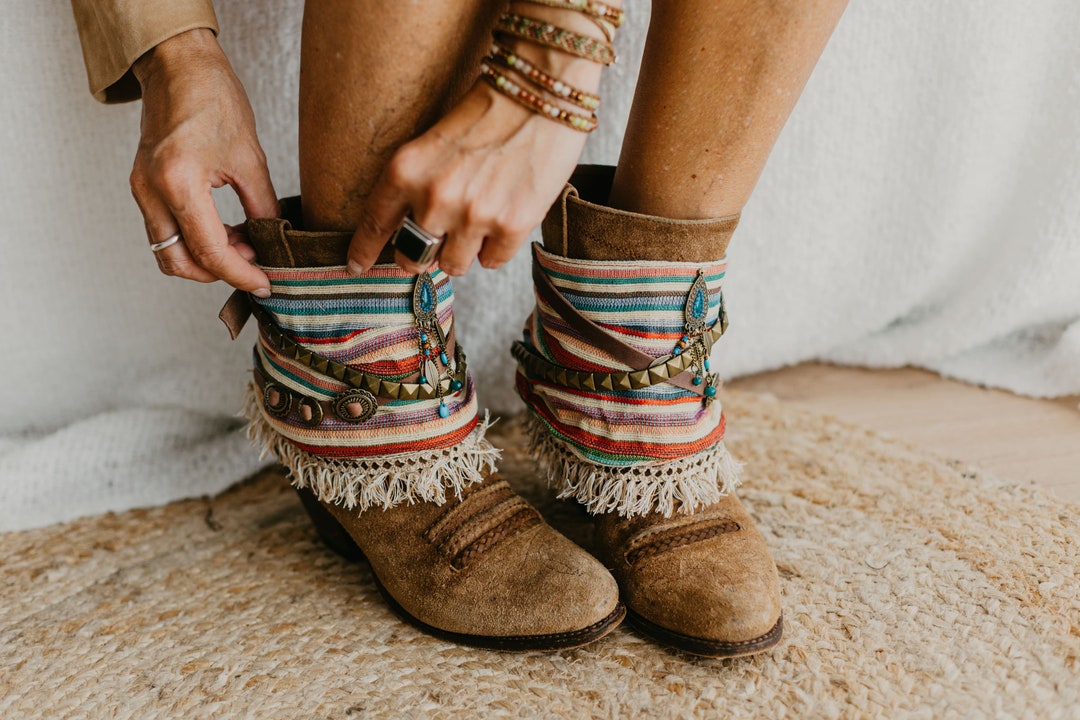 Western Boot Covers for Women With Kilim Fabric and Fringe | Boho ...