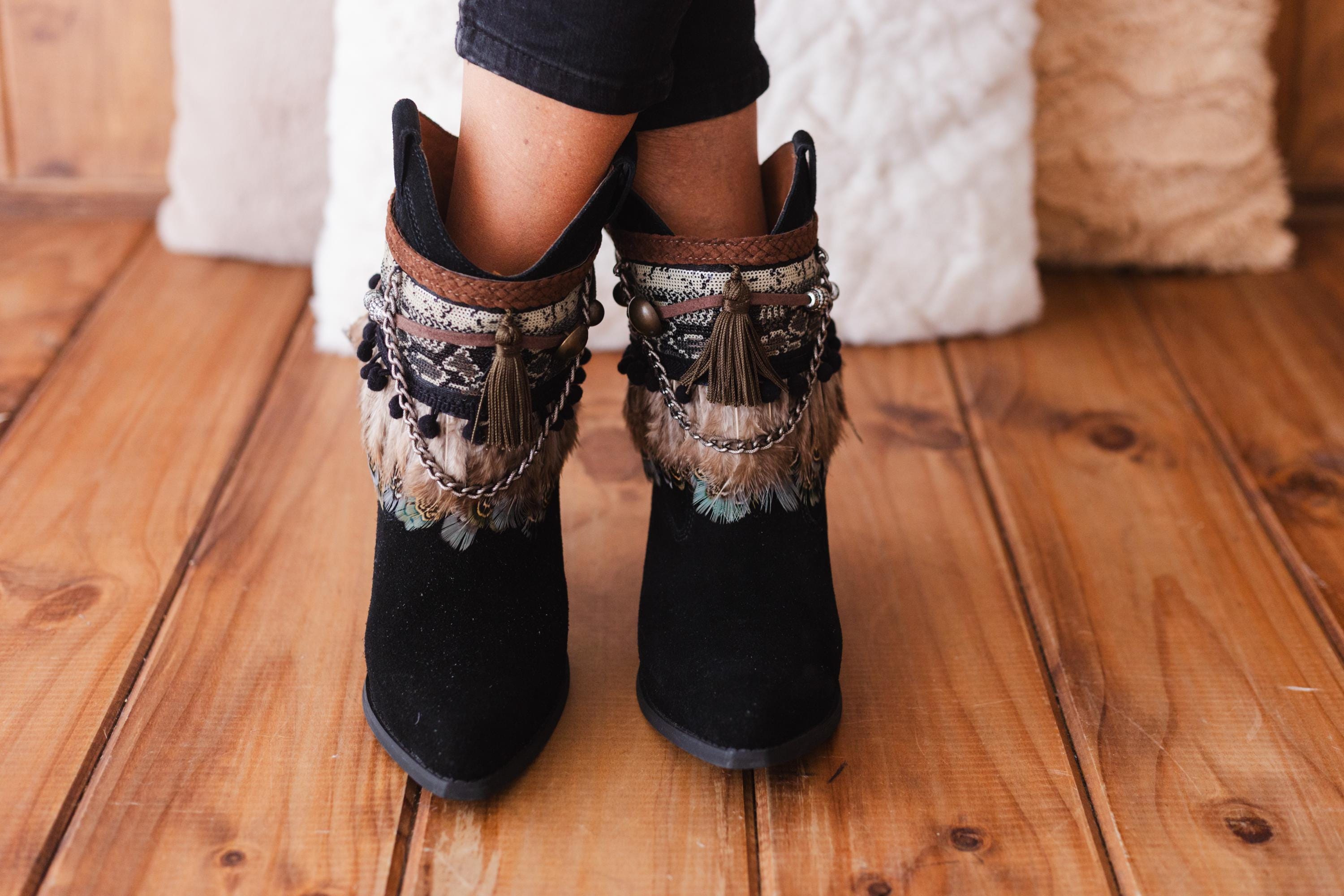 Boho Boot Covers With Snake Trim and Feather Detail on Brown Suede Base ...