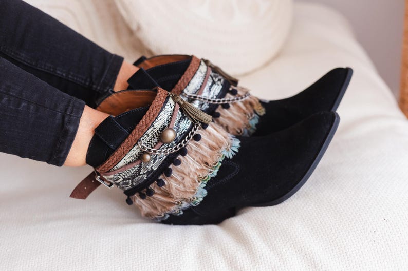 Boho Boot Covers With Snake Trim and Feather Detail on Brown Suede Base ...