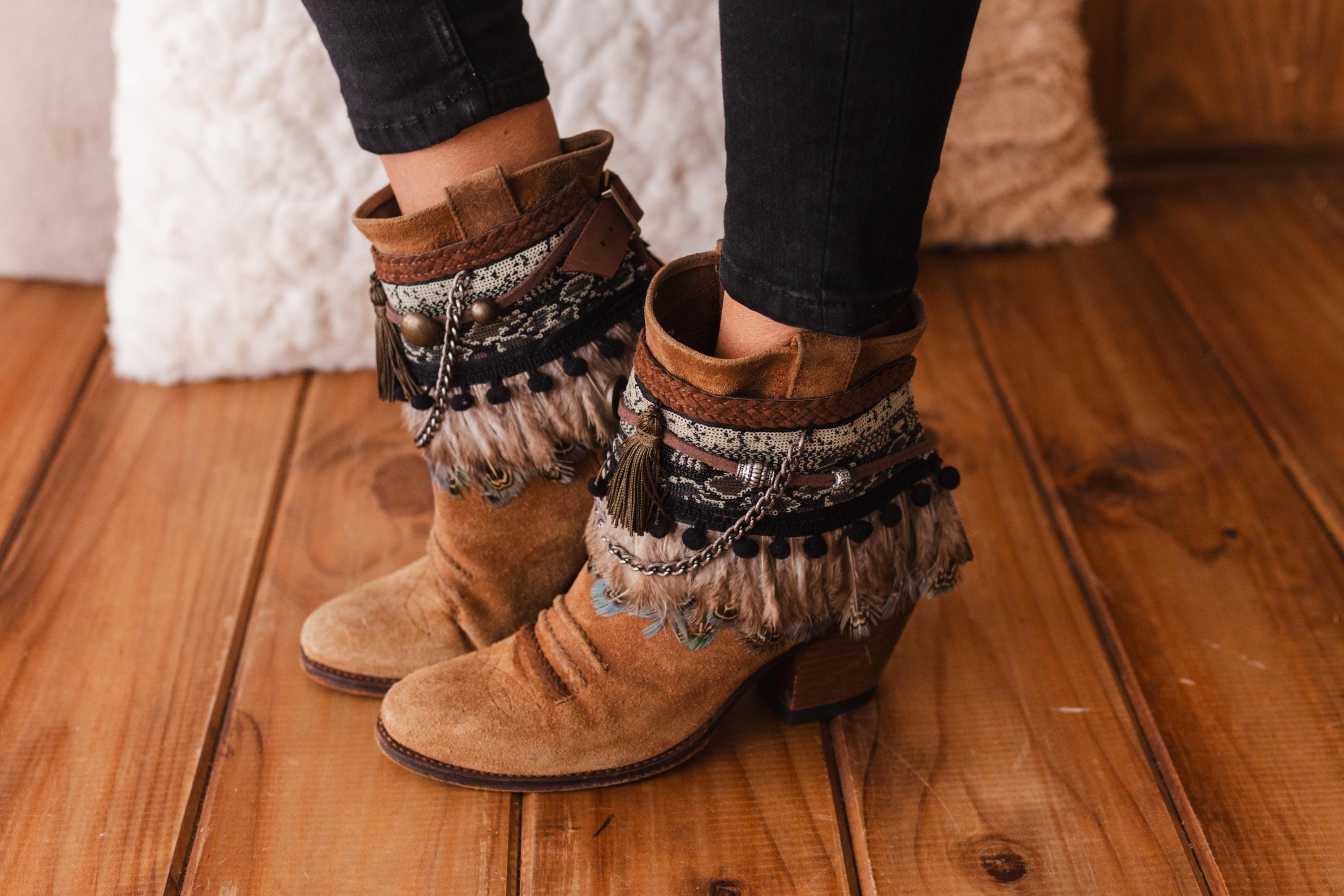 Boho Boot Covers With Snake Trim and Feather Detail on Brown Suede Base ...