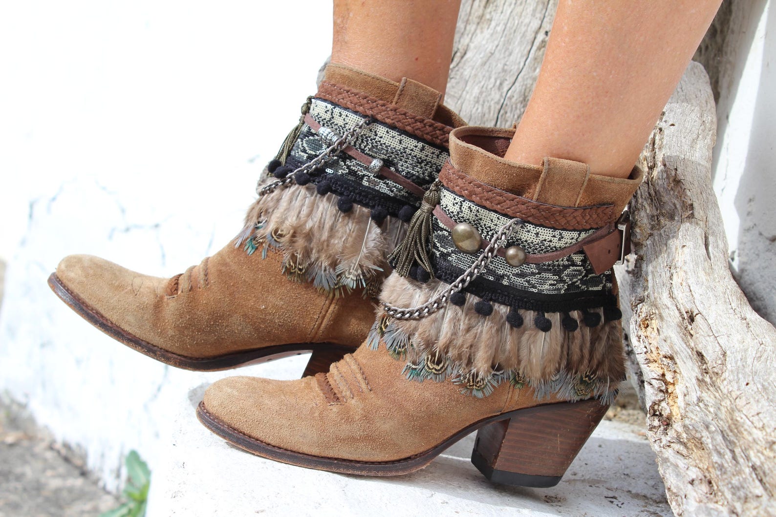 Boho Boot Covers With Snake Trim and Feather Detail on Brown Suede Base ...
