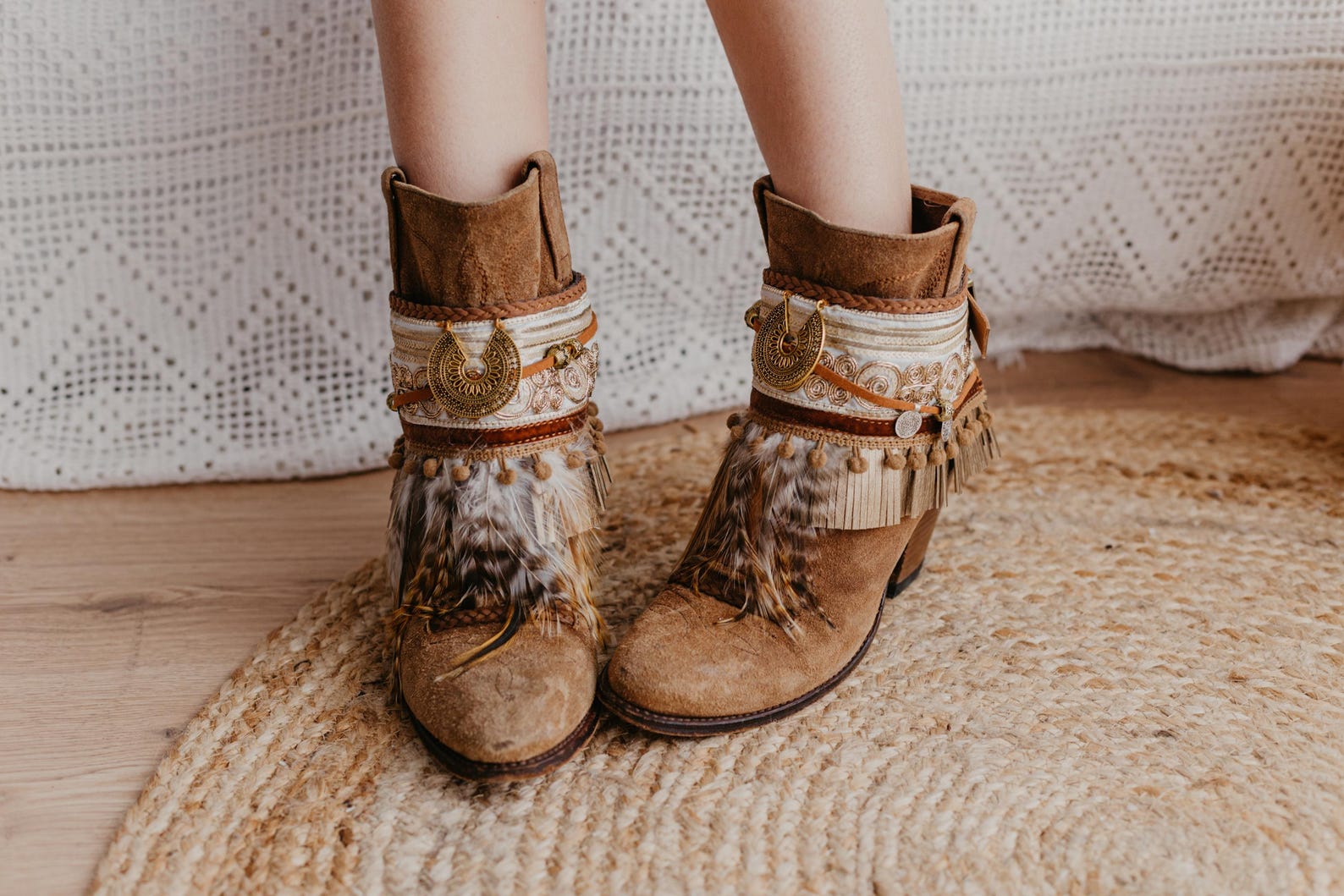 Boho Boot Covers With Golden Fringe and Beige Feathers | Western ...