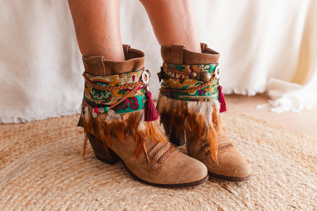 Boho Boot Covers With Camel Feather Trim and Printed Silk Detail in ...