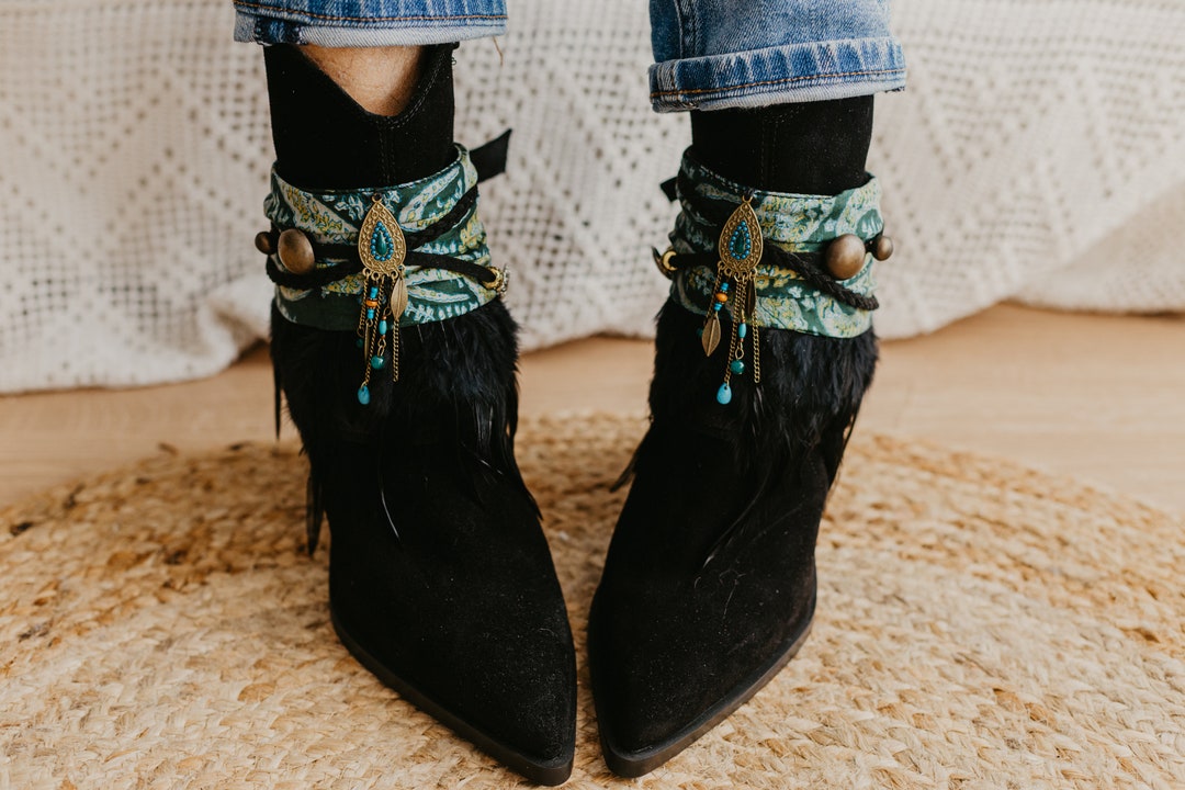 Boho Boot Covers With Black Feather Fringe and Green Vintage Sari Silk ...