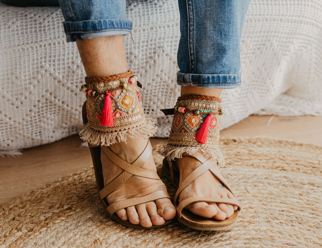 Boho Barefoot Sandal Ankle Wraps, Stylish Hippie Footwear, Trendy Beach ...
