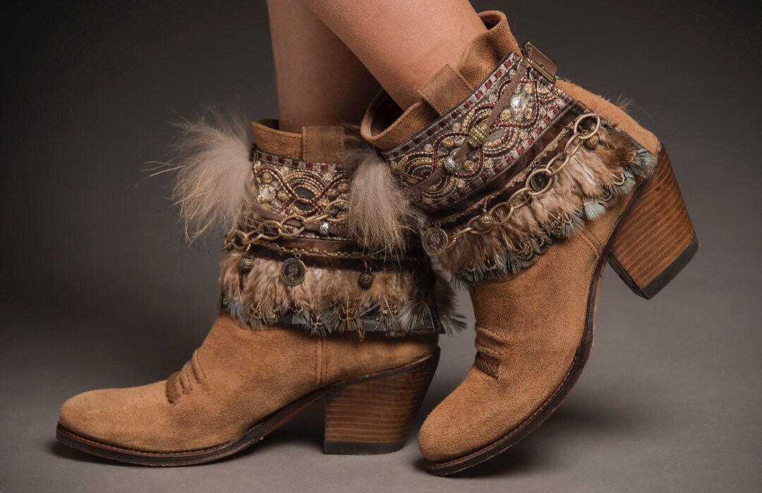 Feather Fringe Vintage Embroidered Boot Covers, Boho Boot Cuff, Ethnic ...