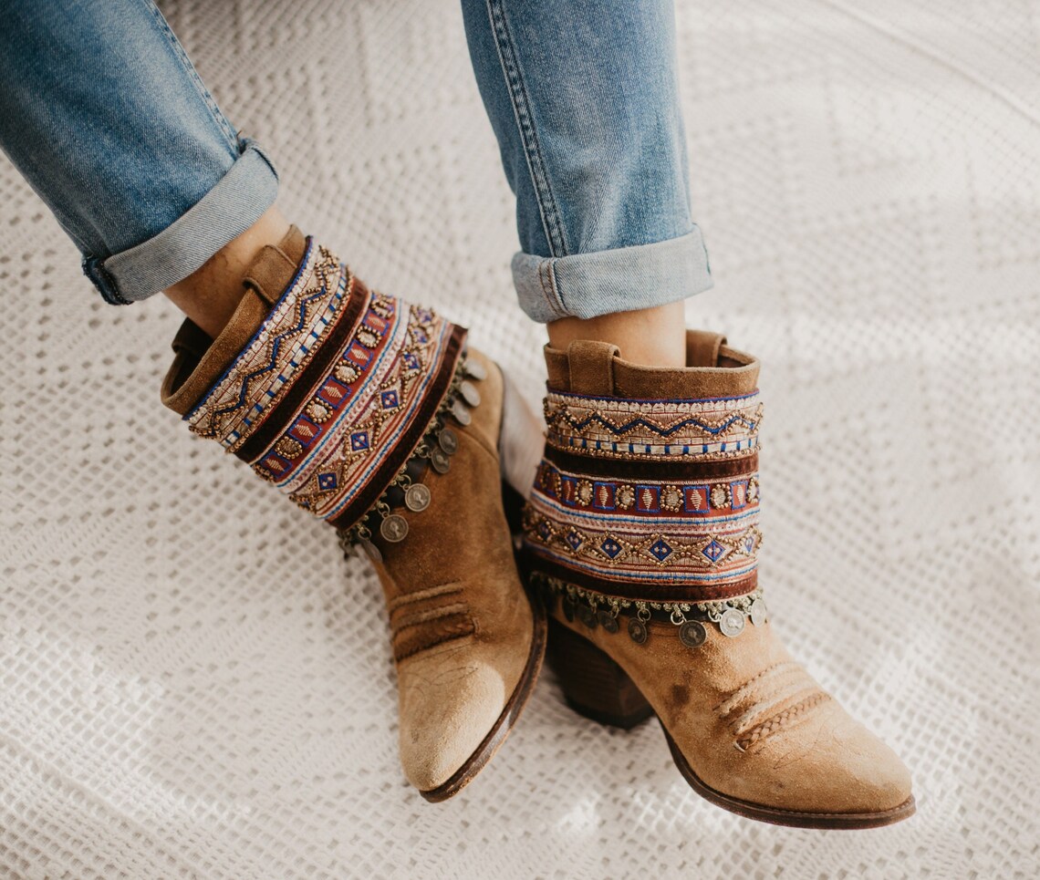 Ethnic Boot Covers With Coin Fringe and Embroidered Trim in Burgundy ...