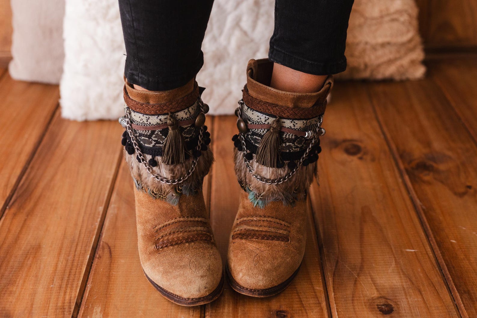 Boho Boot Covers With Snake Trim and Feather Detail on Brown Suede Base ...