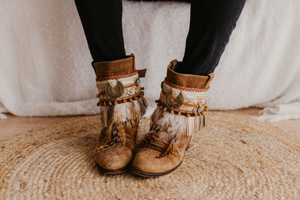Boho Boot Covers With Golden Fringe and Beige Feathers | Western ...