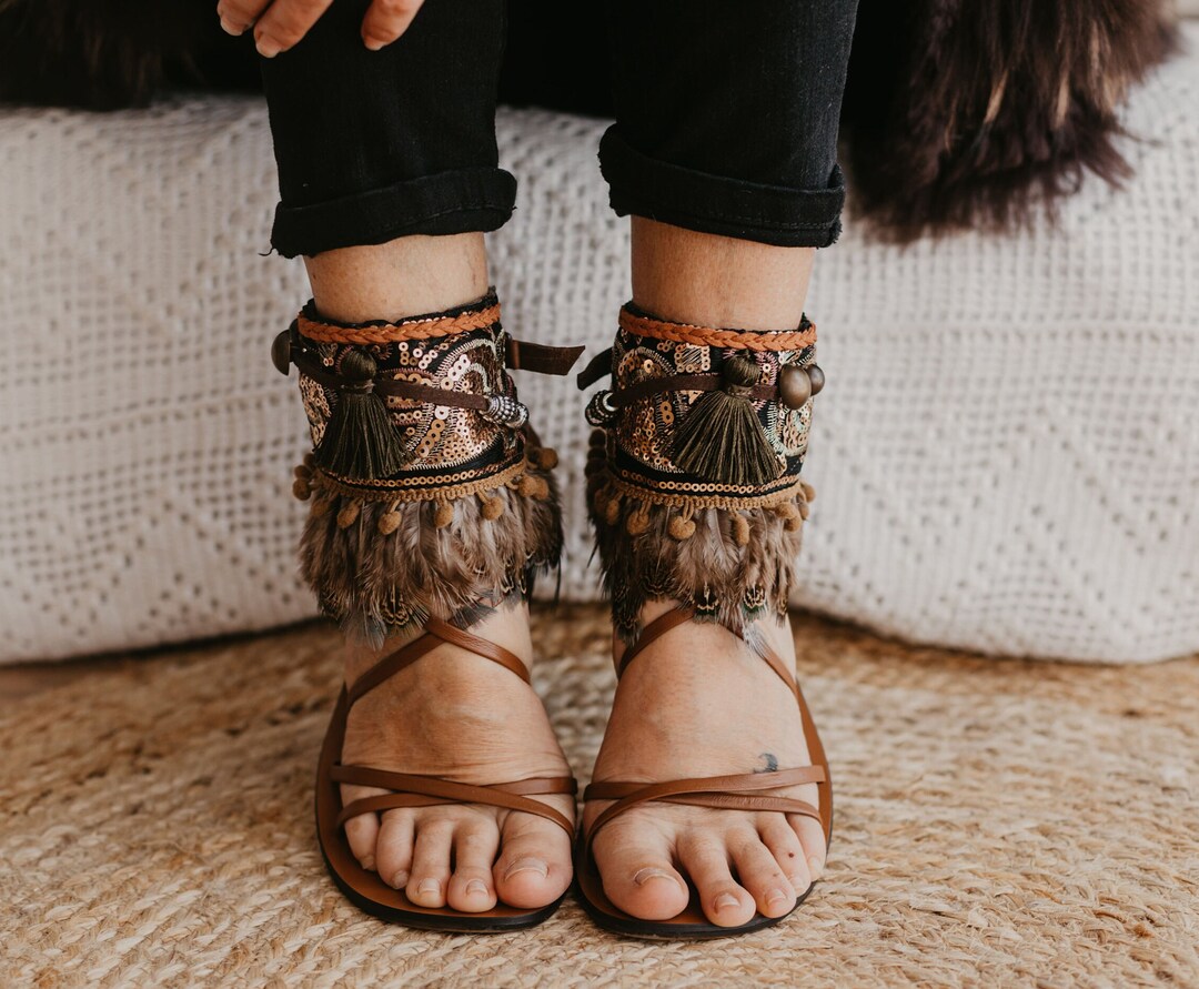 Boho Feather Anklets, Leather Sandal Ankle Cuffs, Ethnic Feather Ankle ...