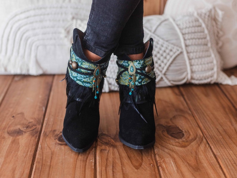 Boho Boot Covers With Black Feather Fringe and Green Vintage Sari Silk ...