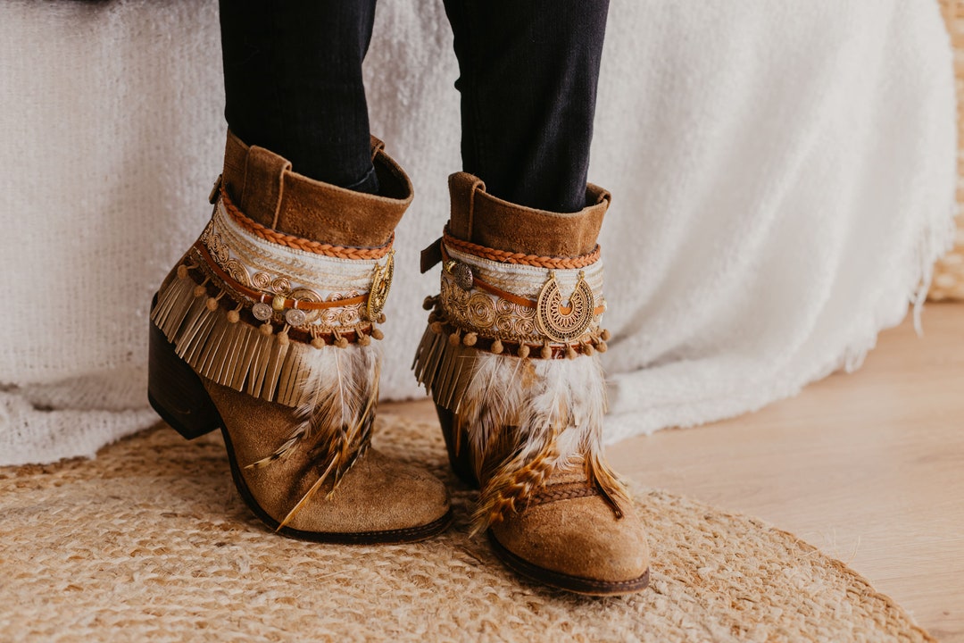 Boho Boot Covers With Golden Fringe and Beige Feathers | Western ...