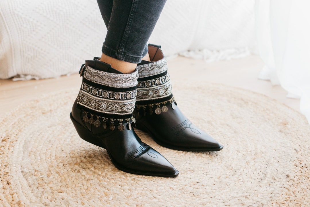 Boho Black Boot Covers With Coins and Velvet Trim Handmade Festival ...