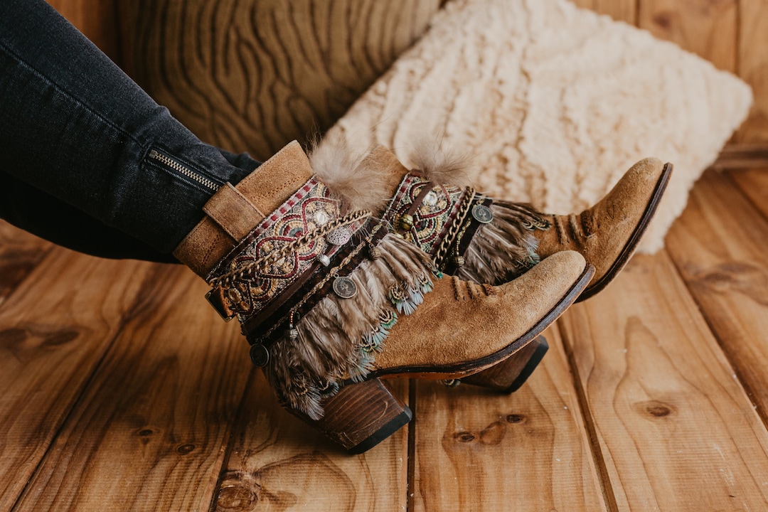 Boho Boot Covers With Beige Suede and Khaki Feathers | Western Cowgirl ...