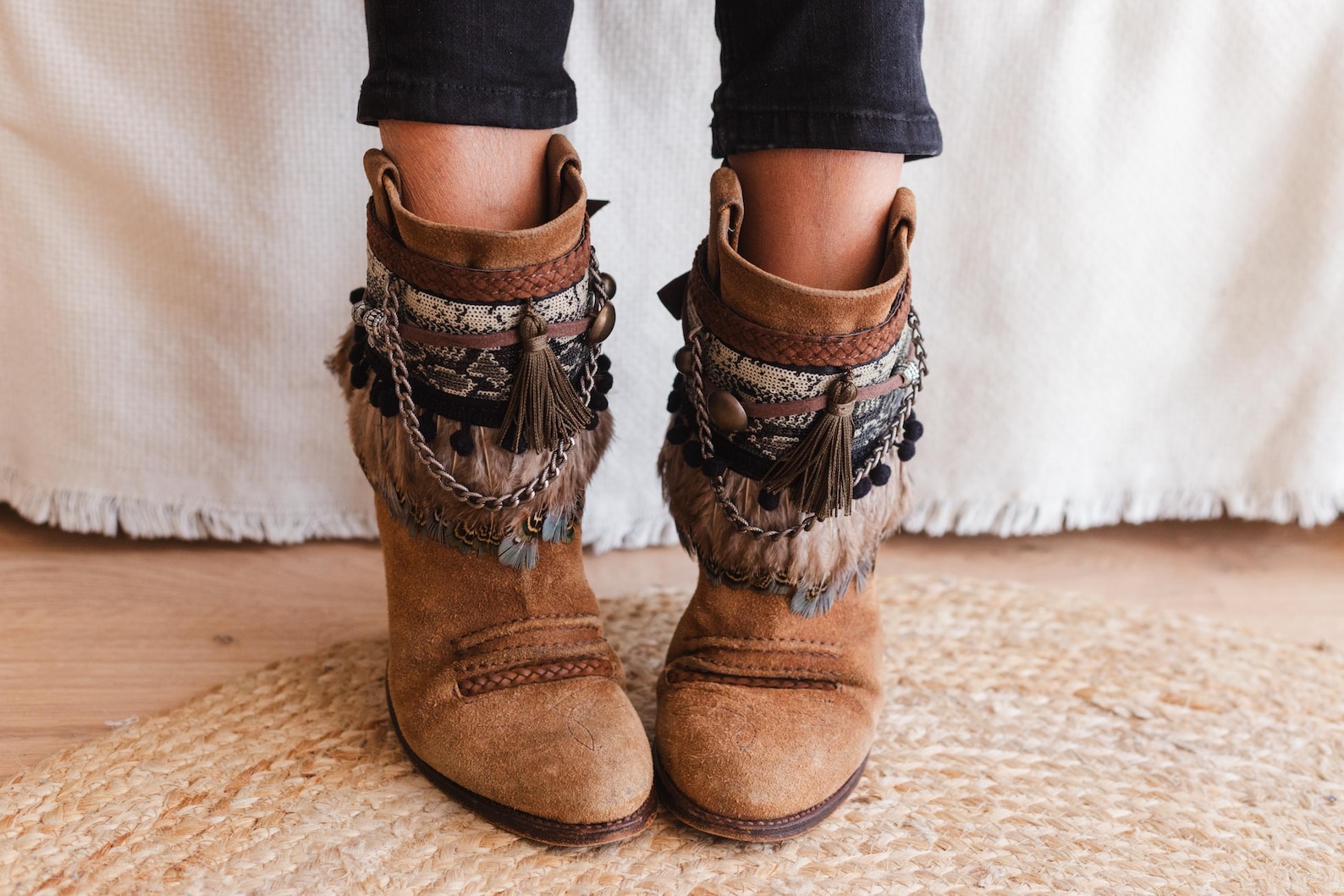 Boho Boot Covers With Snake Trim and Feather Detail on Brown Suede Base ...