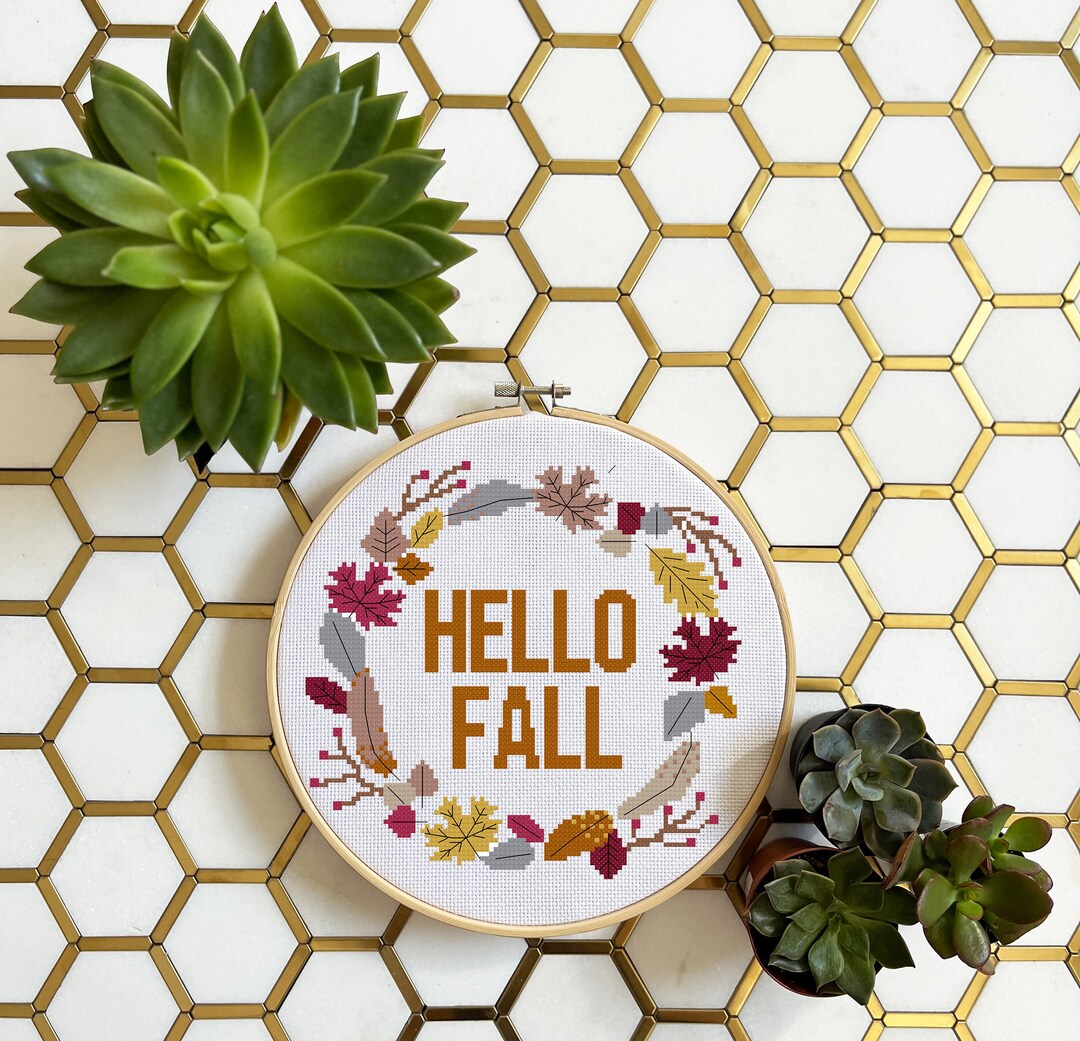 PATTERN- Hello Fall Wreath, Cross Stitch, Autumn, Leaves, Feathers ...