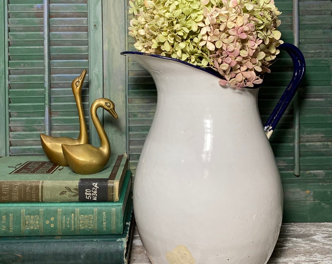 Vintage Large White Enamel Pitcher, Farmhouse Decor, Cottage Decor ...