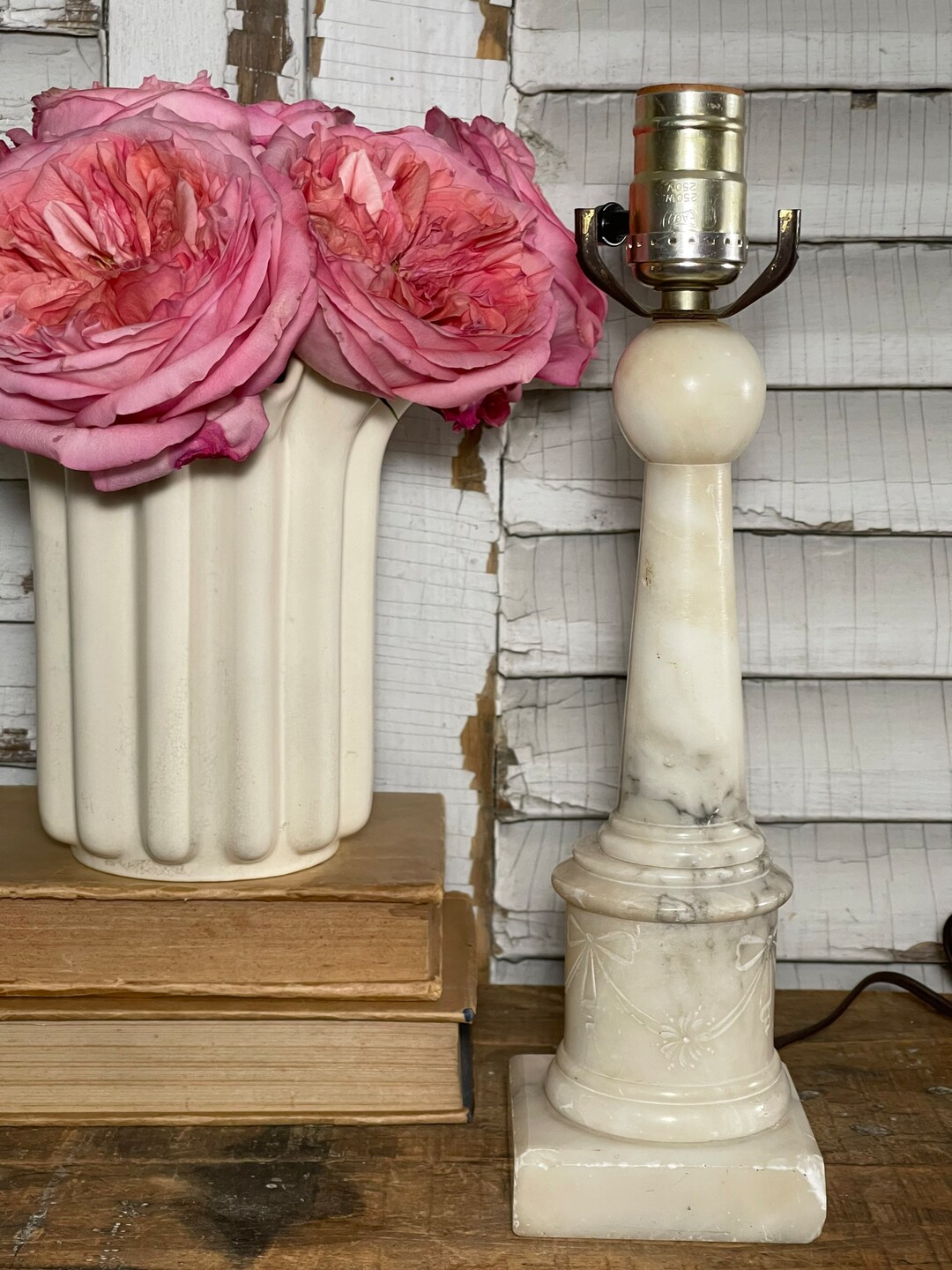 Vintage Alabaster Marble Engraved Lamp, Vintage Table Lamp, Vintage ...