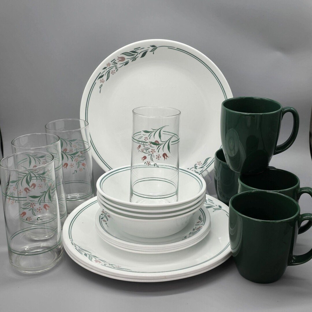 Vintage Corelle Rosemarie Dinnerware 20-pc With Green Mug and Glasses ...