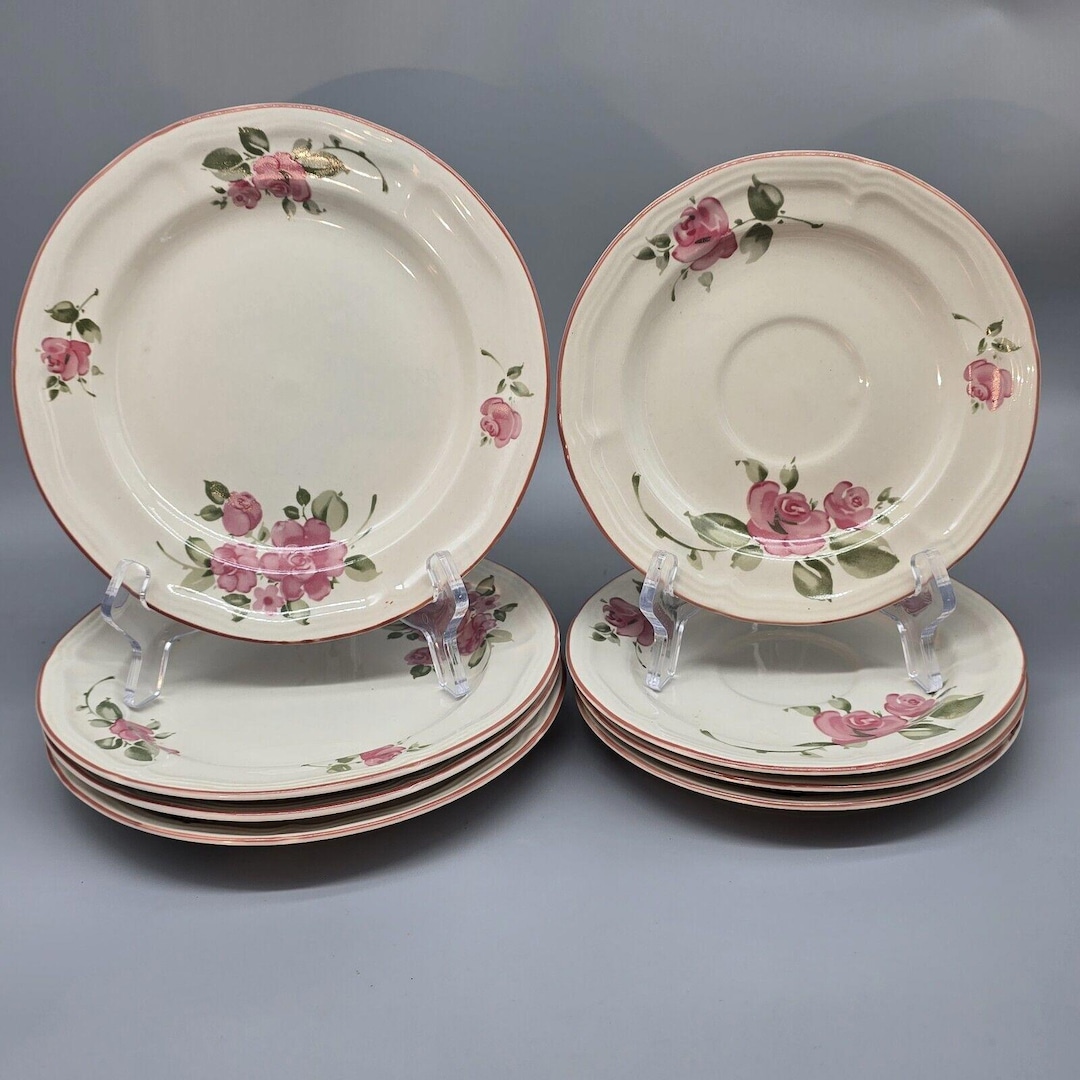 Gibson Designs ROSELAND Pink Floral Stoneware 4 Salad-plates 4-saucers ...
