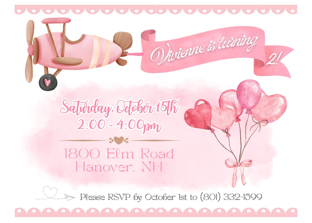 Printable Girls Pink Airplane Birthday Invitation Editable Instant ...