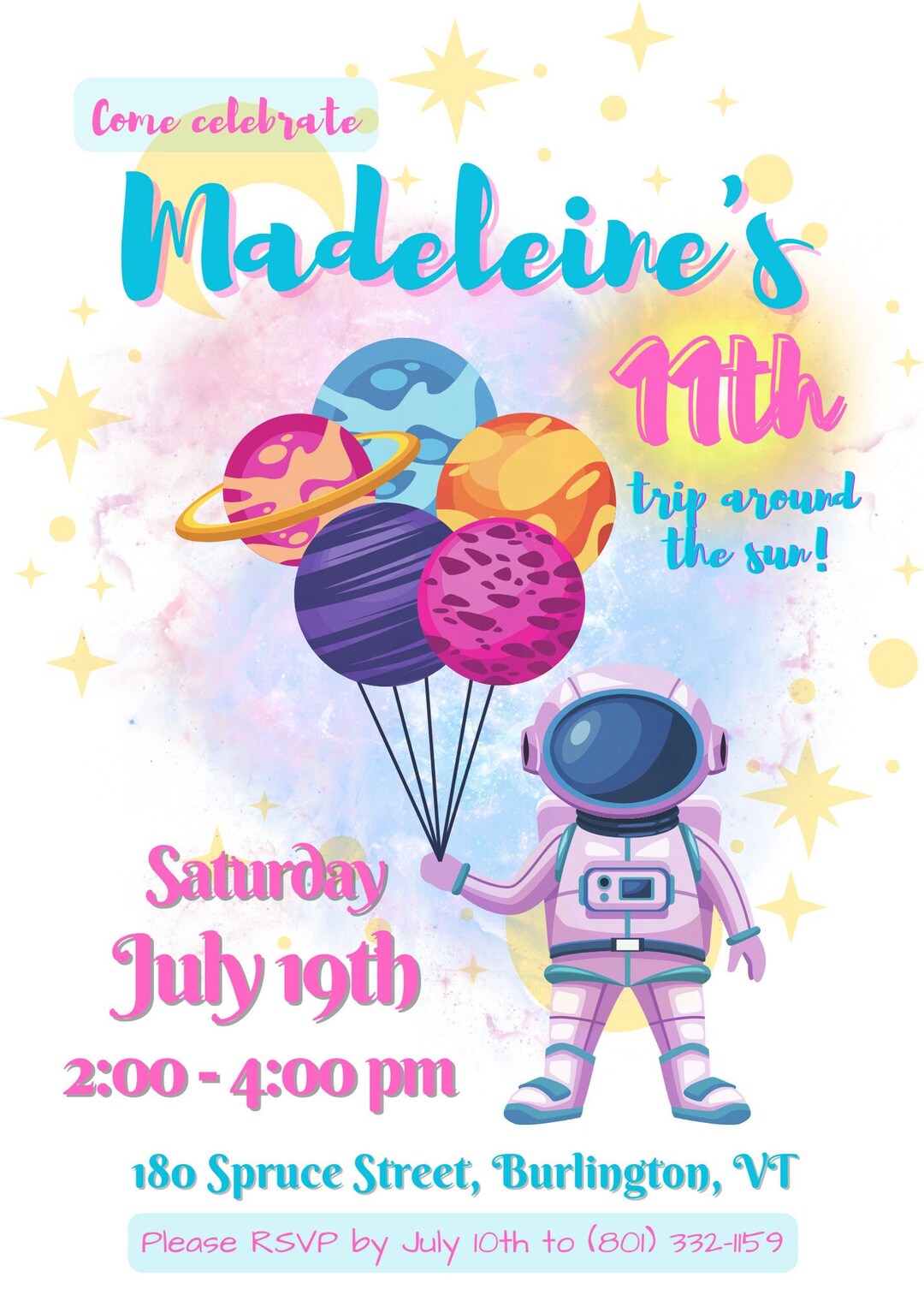 Printable Girls Space Galaxy Trip Around the Sun Birthday Invitation ...