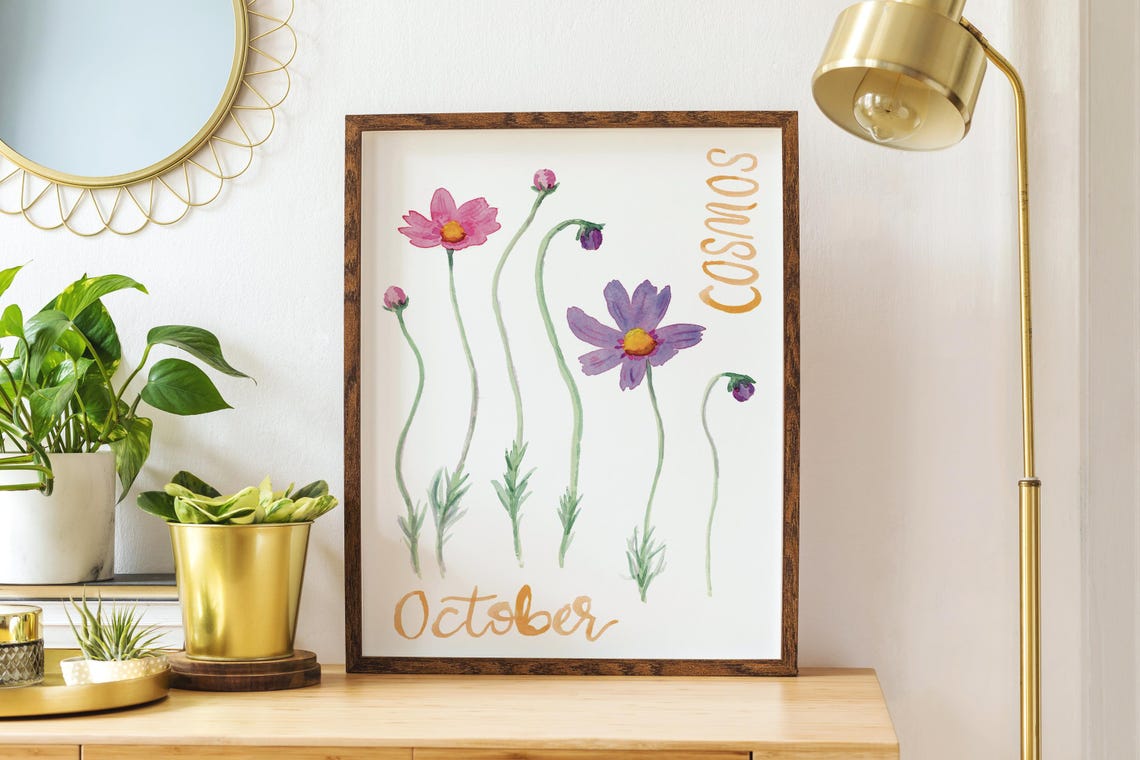 Cosmos Birth Flower Simple Watercolor Print October Birthday Month Art ...