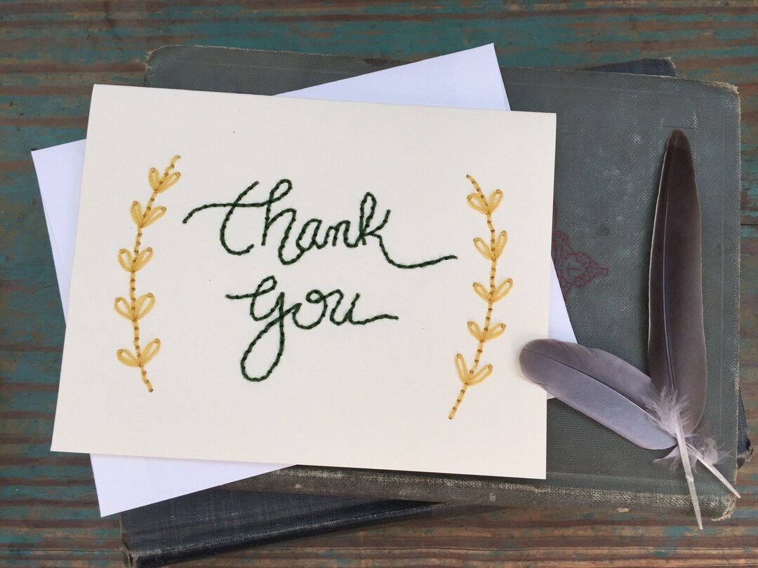 Hand Stitched Thank You Card: Green & Golden Yellow - Etsy