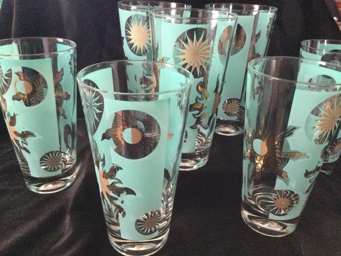Fred Press Signed Mid-century Aqua and Gold Sun/moon Glasses - Etsy