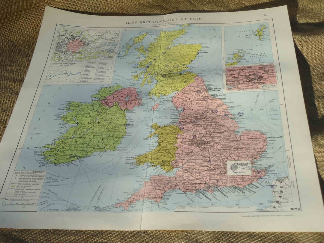 Great Britain Map Vintage French Map of the United Kingdom 1950s ...