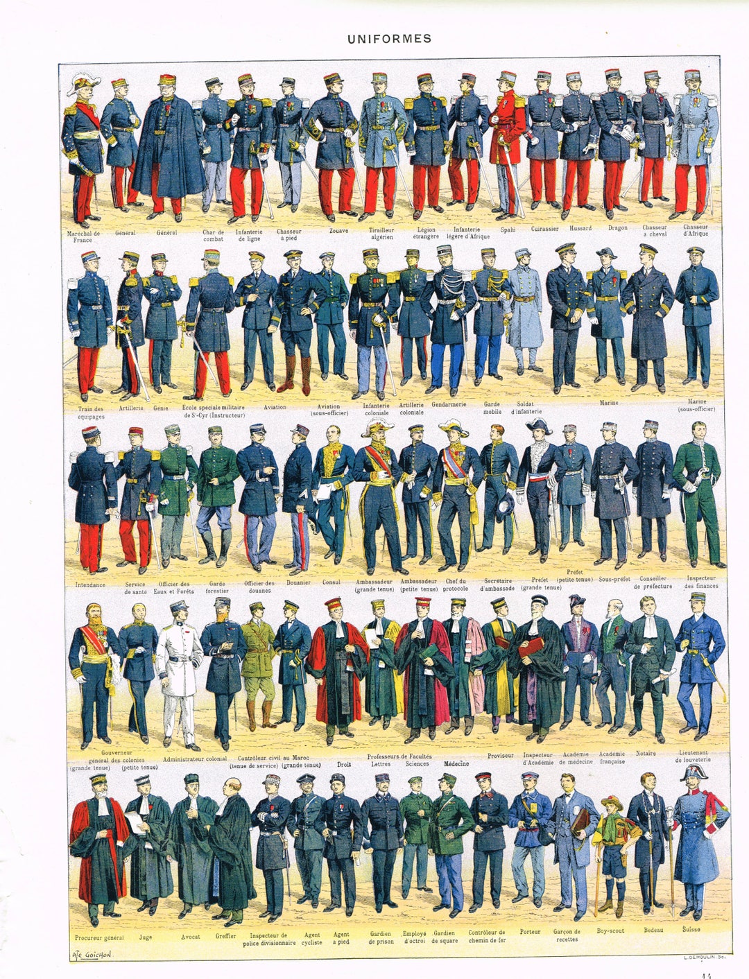 Original Vintage French Print Lithograph Showing French Uniforms ...