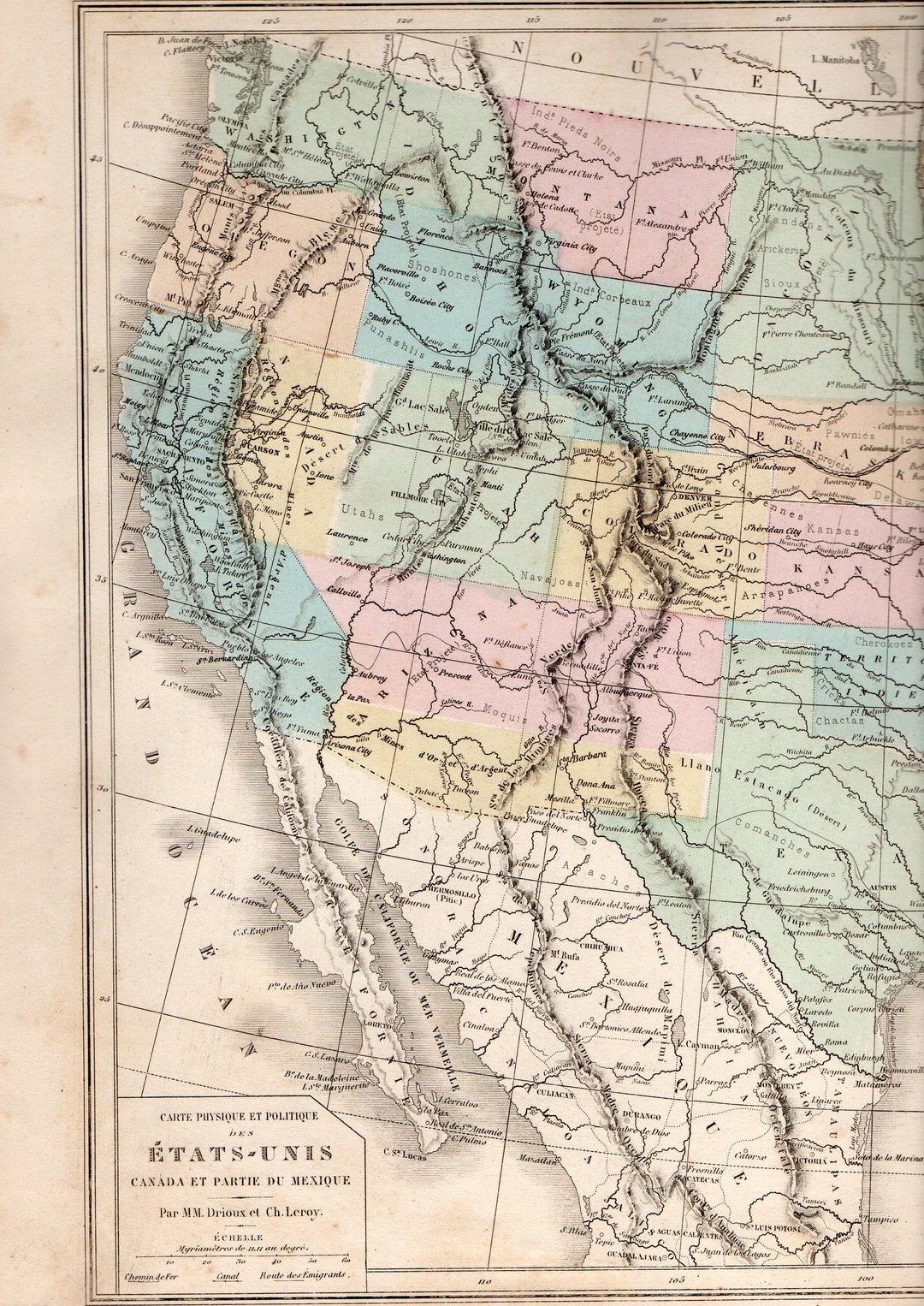 Antique USA American States 1880 Map Vintage French Showing Indian ...