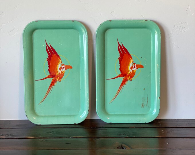 Vintage Metal Trays, Mid Century Metal Parrot Themed Trays, Mid Century ...