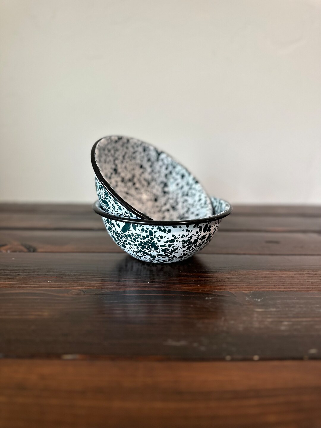 Vintage Enamelware Bowls, Vintage Green and White Splatterware Enamel ...