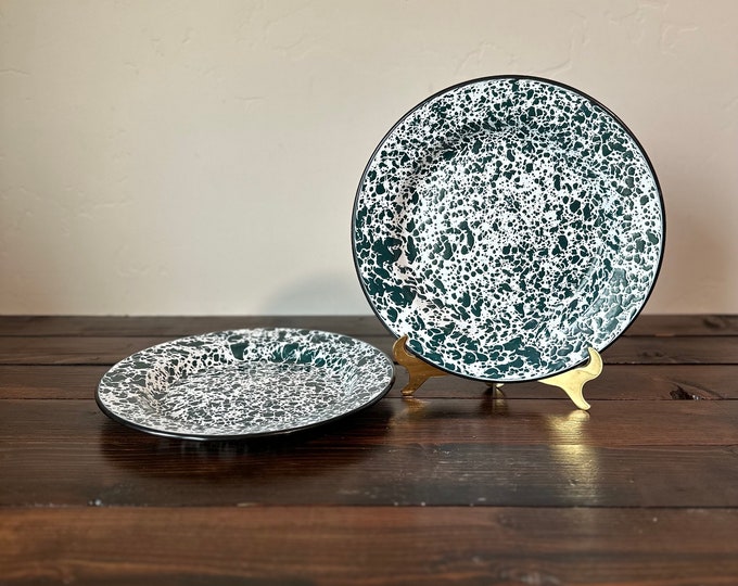 Vintage Enamelware Plates, Vintage Green and White Splatterware Enamel ...