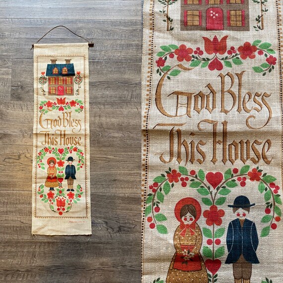 Vintage God Bless This House Wall Hanging Vintage Linen Wall | Etsy