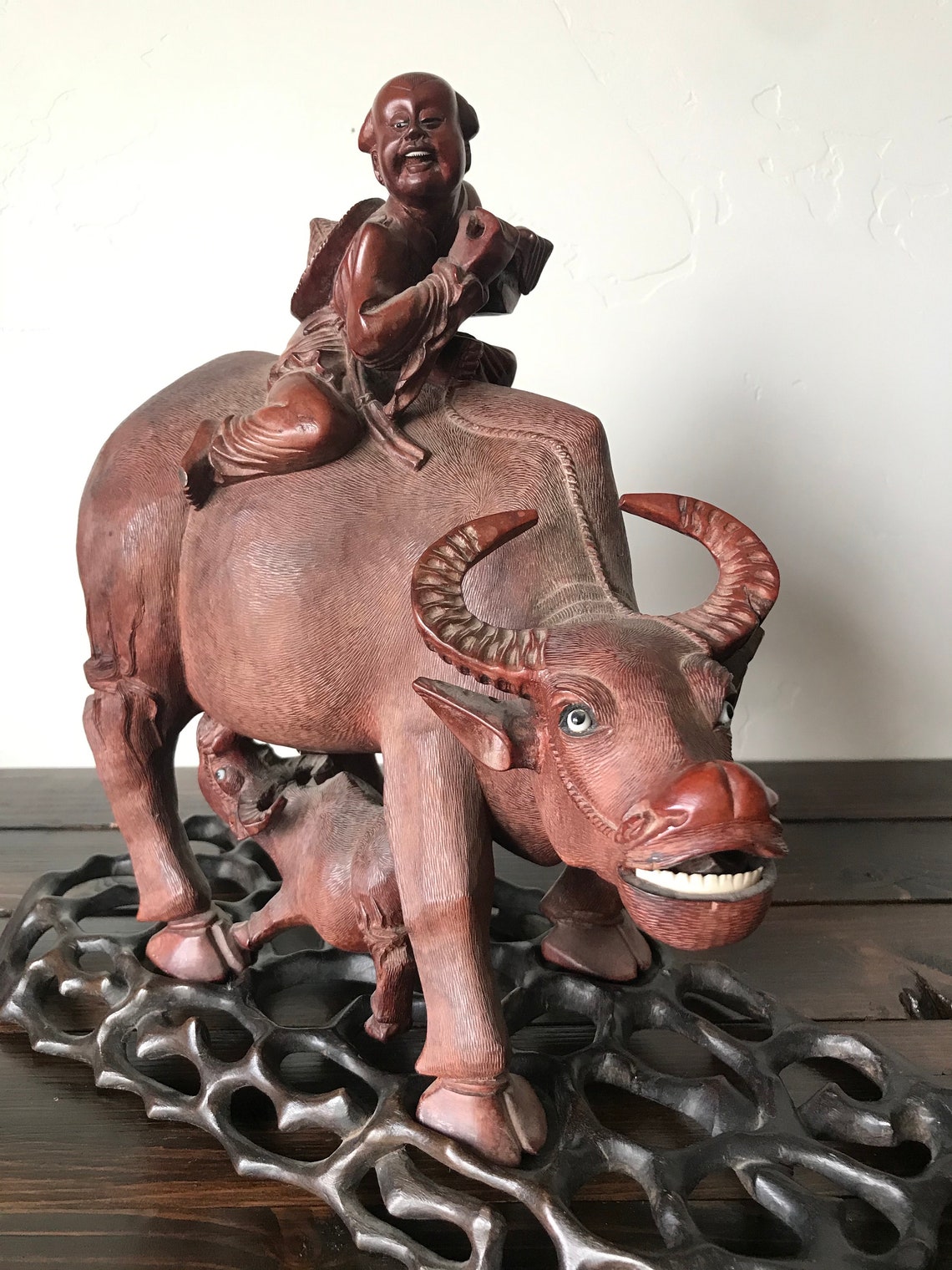 1930's Chinese Wood Carved Wooden Buffalo and Man Antique | Etsy