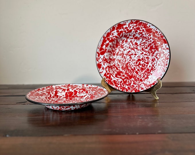 Vintage Red and White Enamel Plates and Shallow Bowls, Splatter Enamel ...