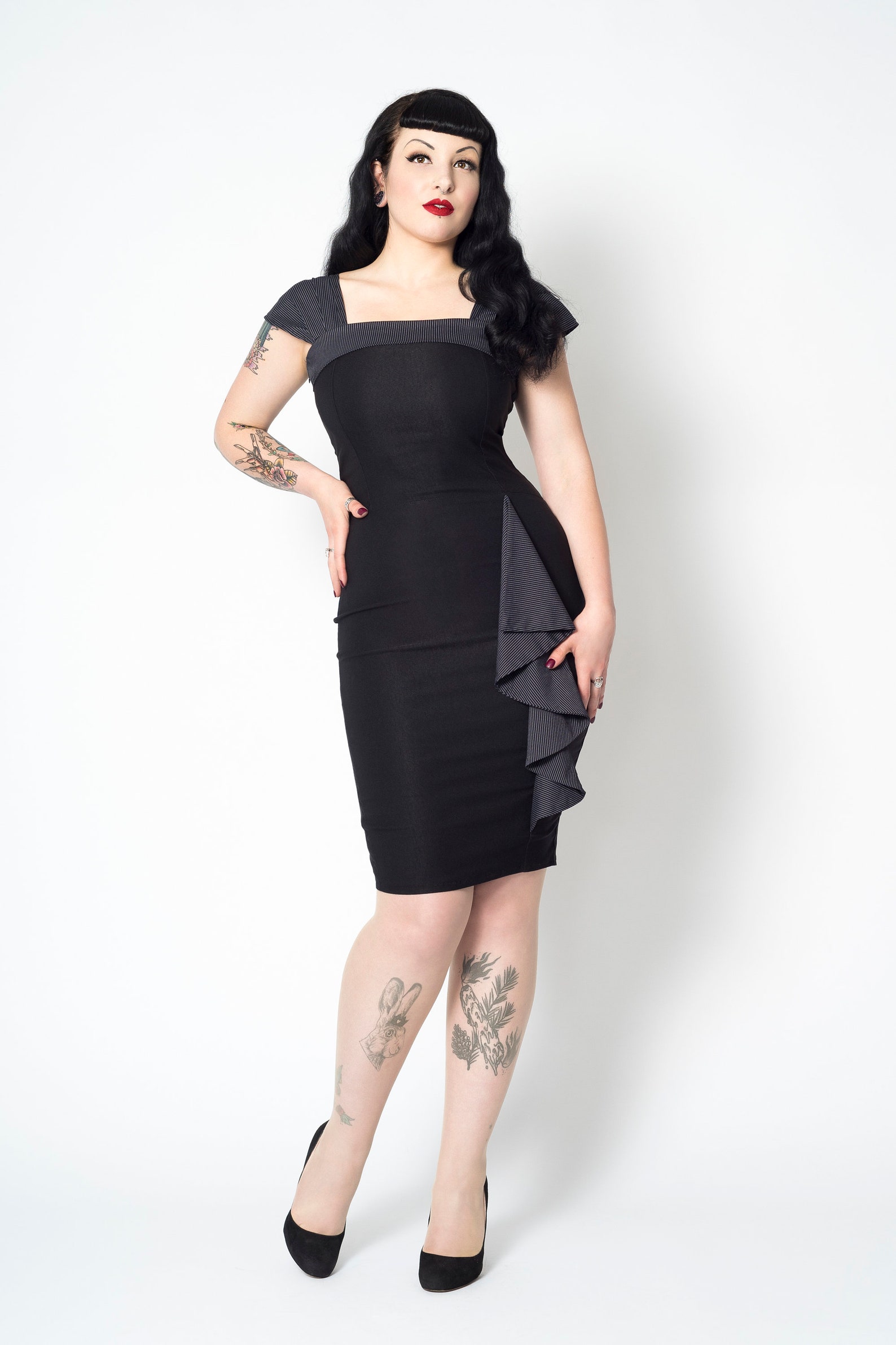 Black Pinstripe Retro Goth Pinup Pencil Dress | Etsy