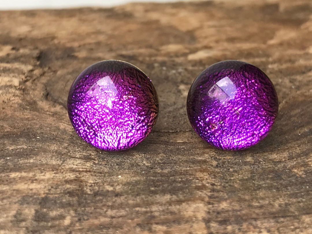 Fuchsia Hot Purple Pink Dichroic Round Stud Earrings With Sterling ...