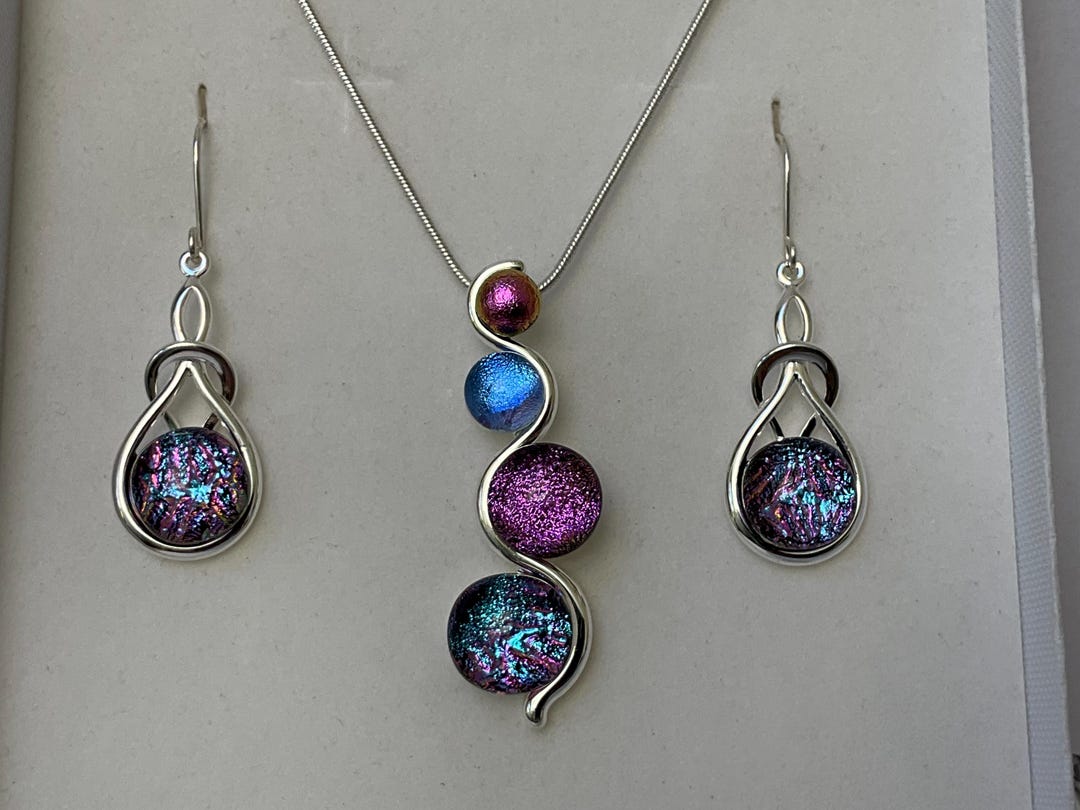 Pink Blue Mix Dichroic Glass Set: Pendant, Drop Earrings, Sterling or ...