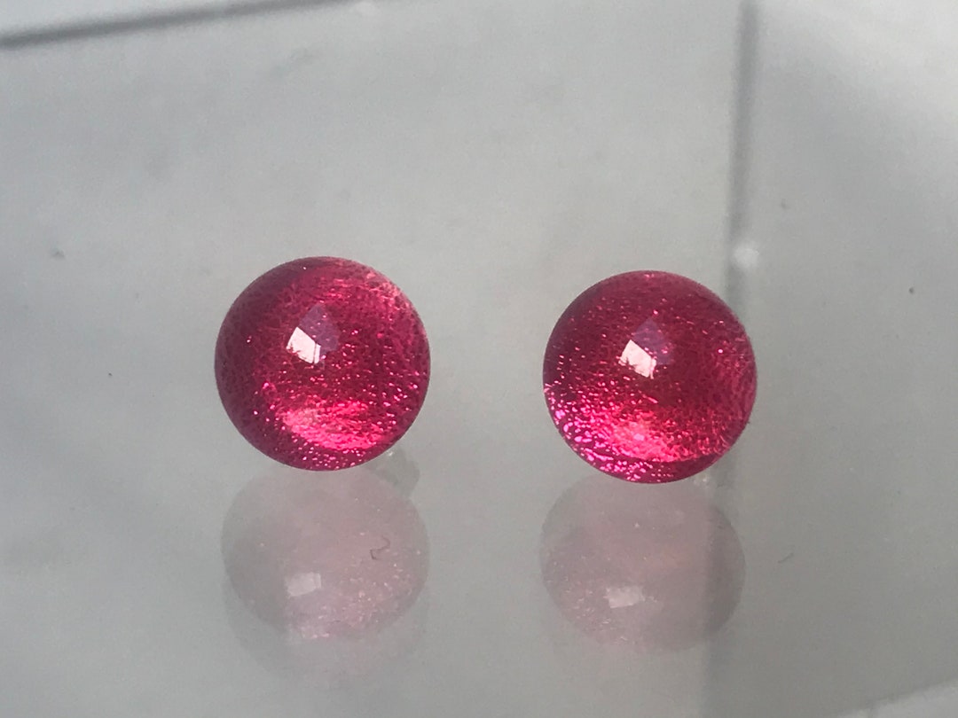 Little Cerise Berry Pink Round Dichroic Glass Stud Earrings With ...