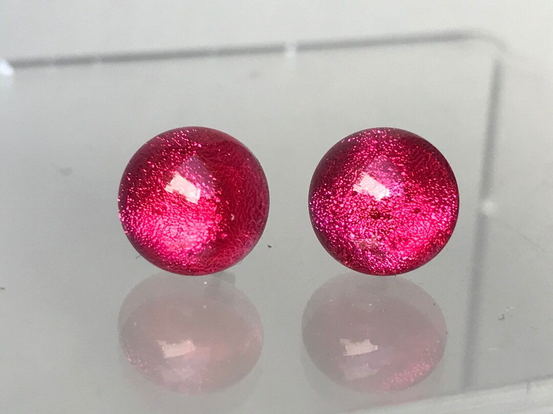 Cerise Berry Pink Dichroic Glass Round Stud Earrings With Sterling ...